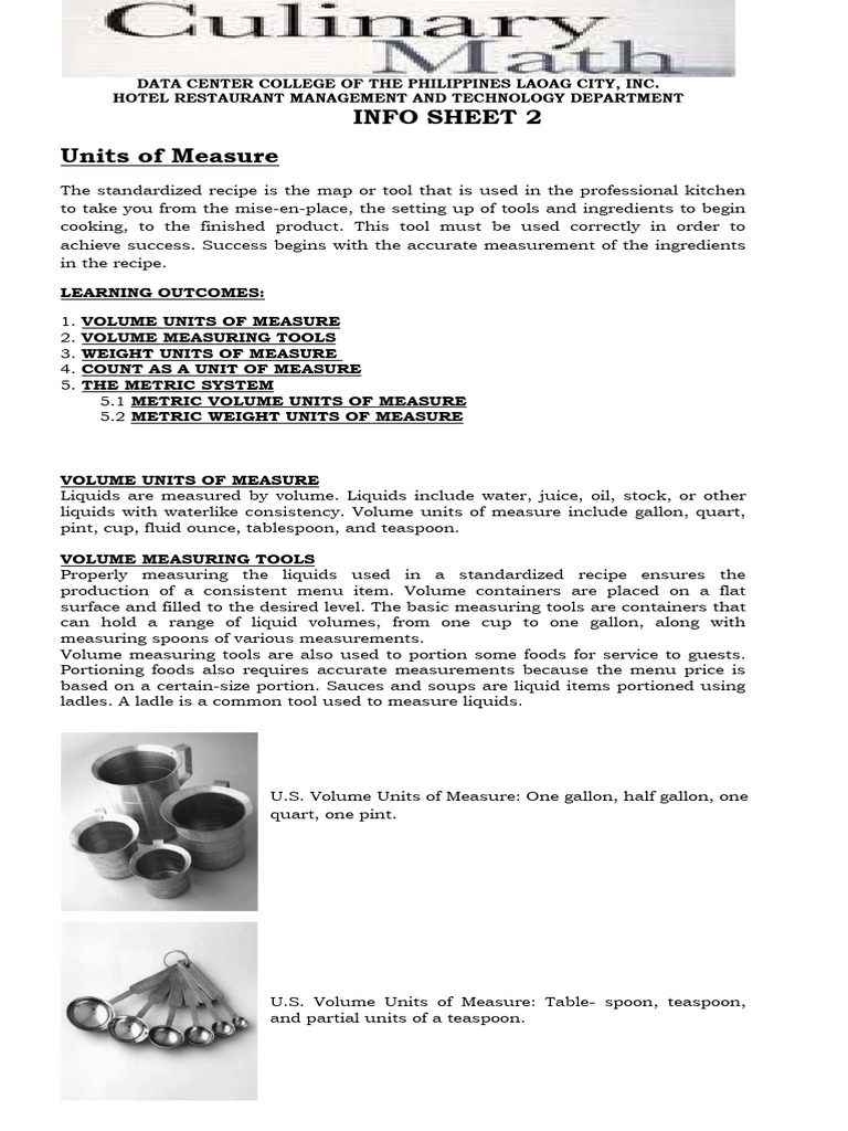 Culinary Math Info Sheet 2 | PDF | Ounce | Pound (Mass)