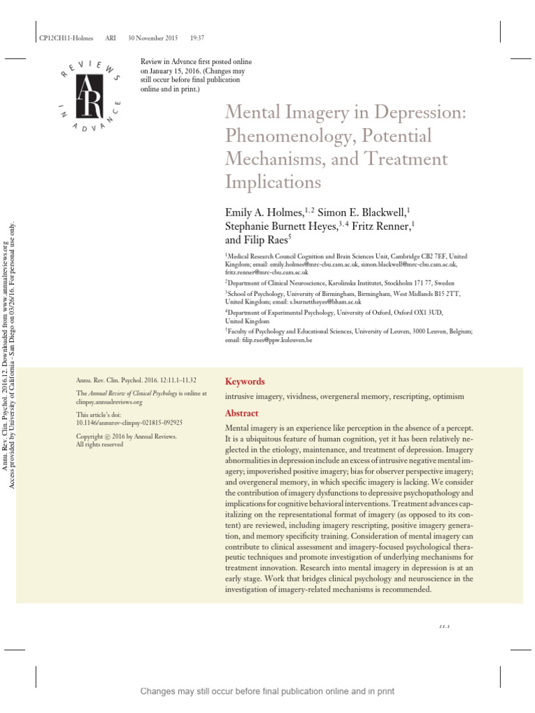 Mental Imagery in Depression - Phenomenology, Potential Mechanisms, and Treatment Implications ...