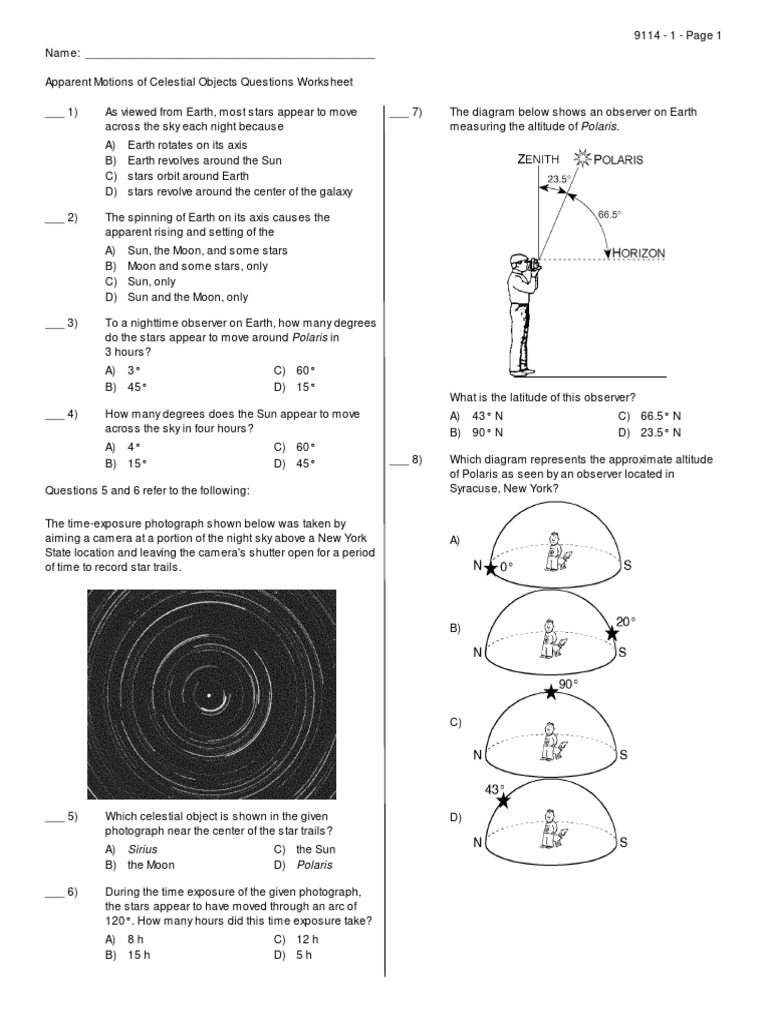 Apparent Motions of Celestial Objects Questions Worksheet | PDF