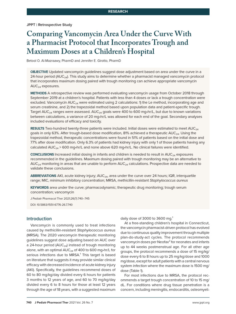 Al-Mazraawy, 2021 - Comparing Vancomycin AUC With A Pharmacist Protocol ...