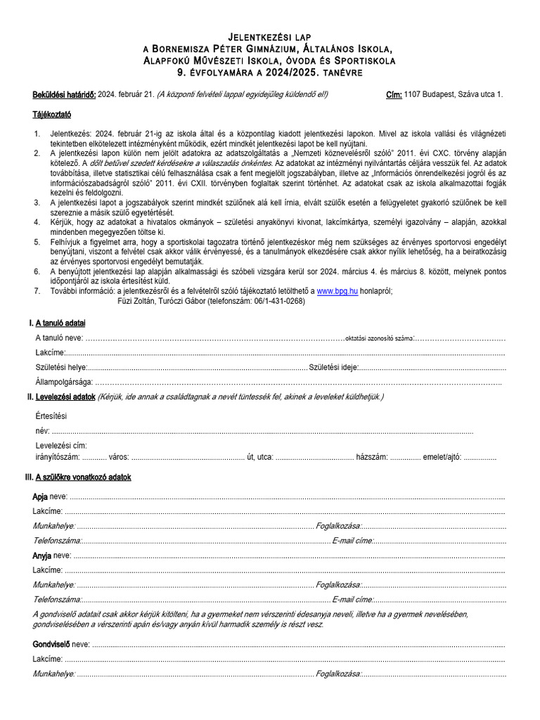 Jelentkezesi Lap A Bornemisza Peter Gimnazium 9 Evfolyamara 2023-2024 ...
