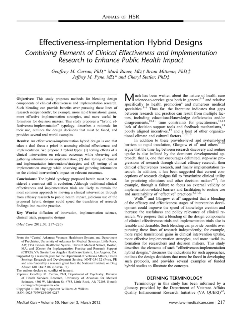 Curran, 2012 - Effectiveness-Implementation Hybrid Designs | PDF | Mental Disorder | Evaluation