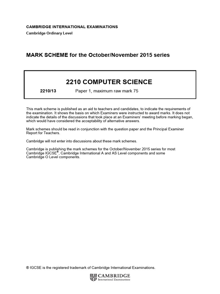 2210 Computer Science: MARK SCHEME For The October/November 2015 Series | PDF | Computer Data ...