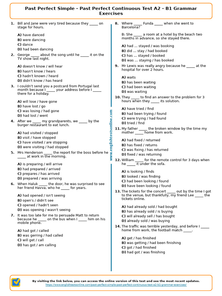 474 - Past Perfect Simple Past Perfect Continuous Test A2 b1 Grammar ...