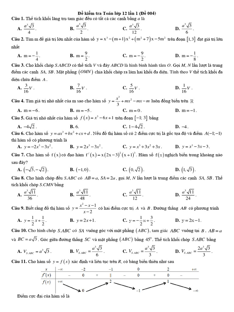 De Kiem Tra Lop 12 Lan 1 HK1 | PDF