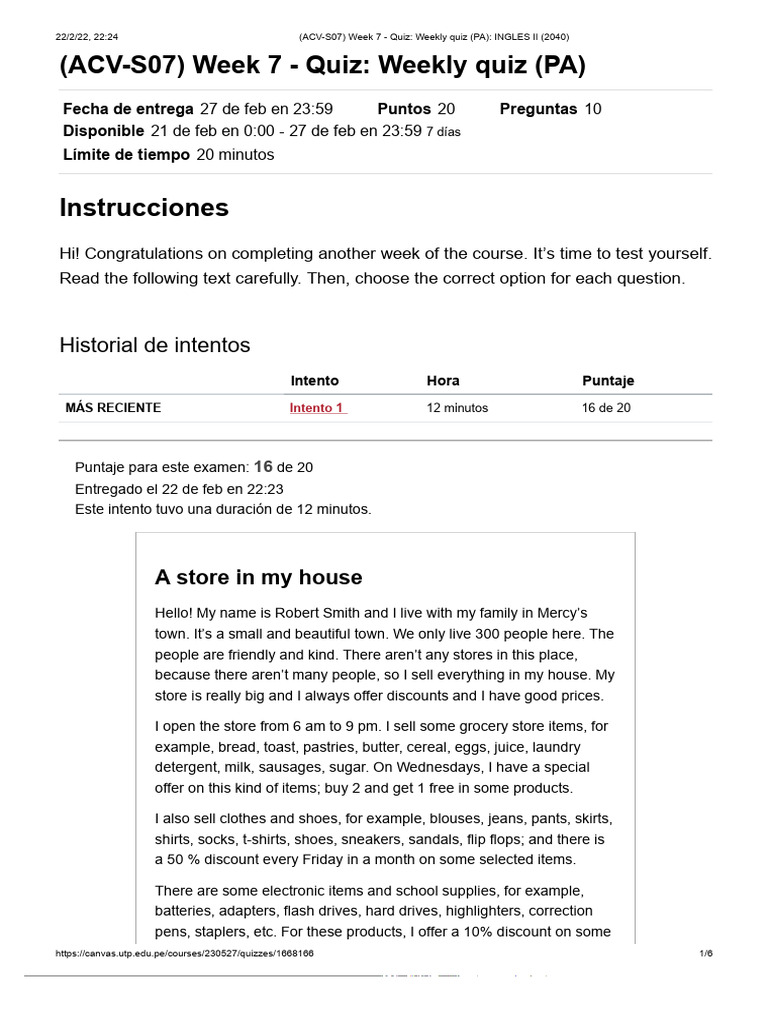Acv s07 Week 7 Quiz Weekly Quiz Pa Ingles II 2040 KFP - Compress | PDF | Foods | Food And Drink