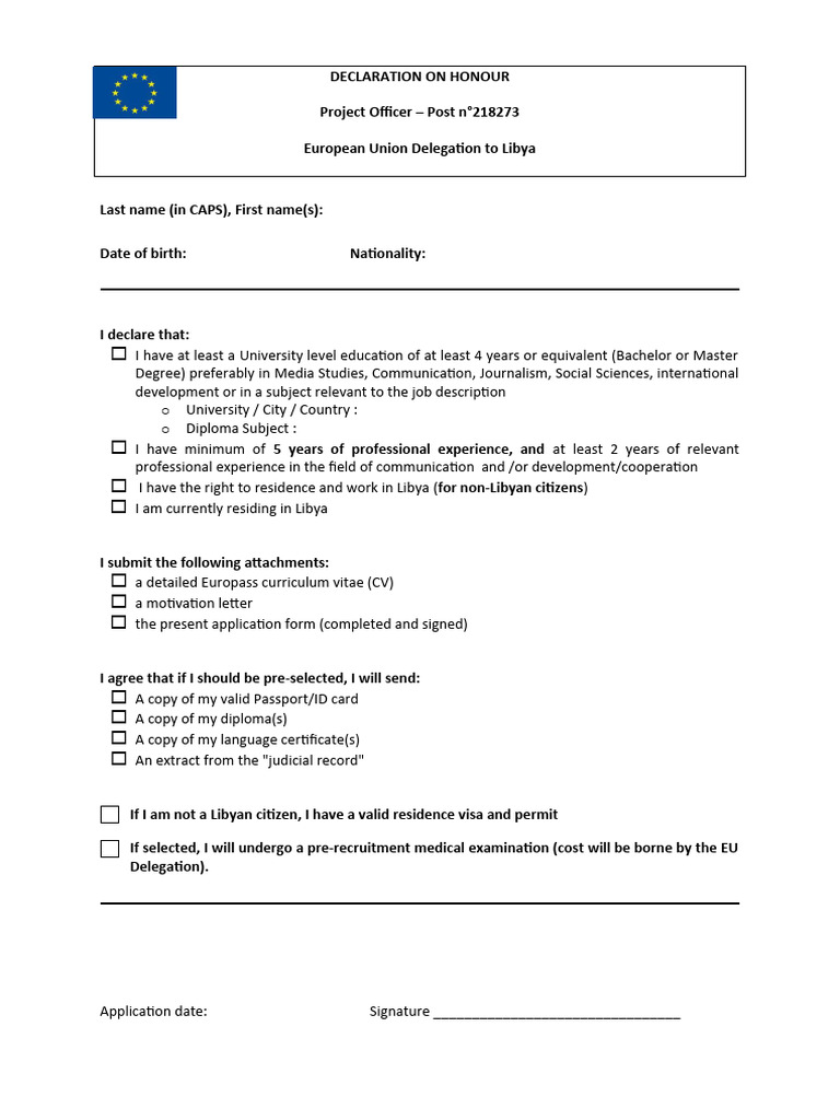 DECLARATION ON HONOUR - Project Officer | PDF | Social Science