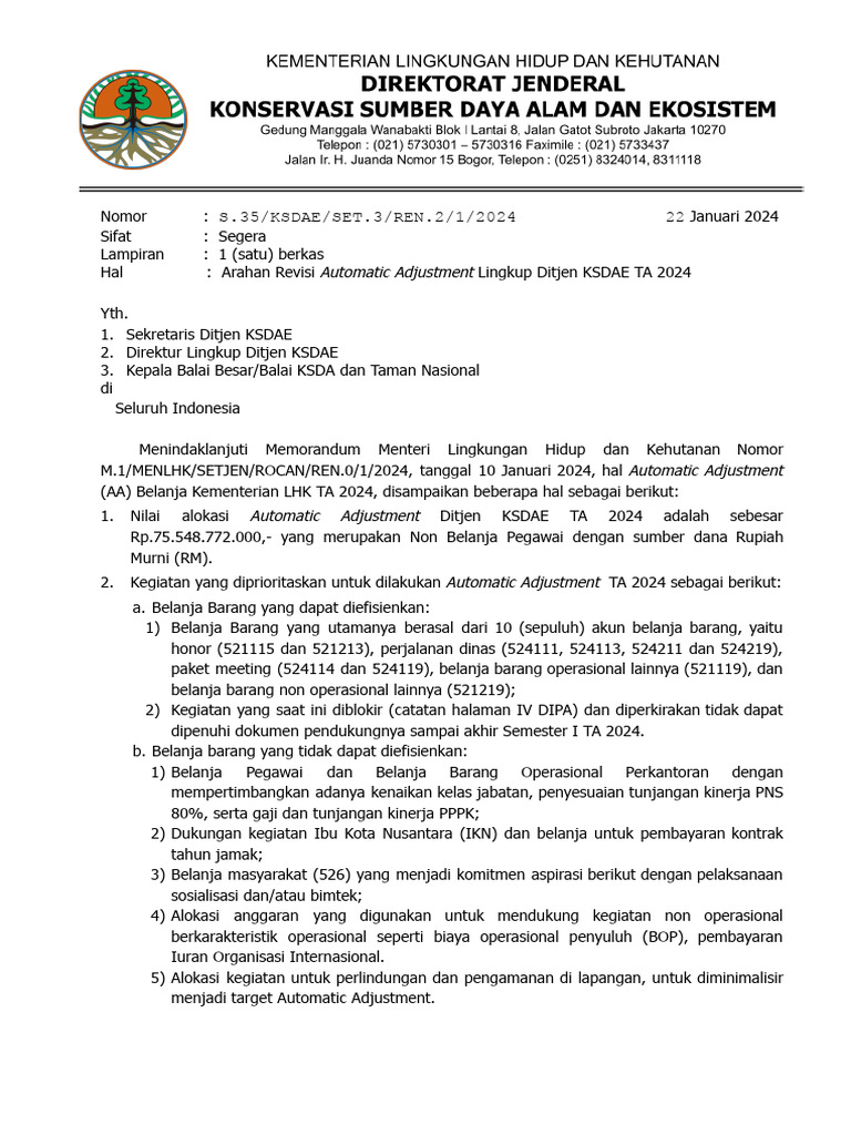 Revisi Anggaran Ditjen KSDAE TA 2024 | PDF