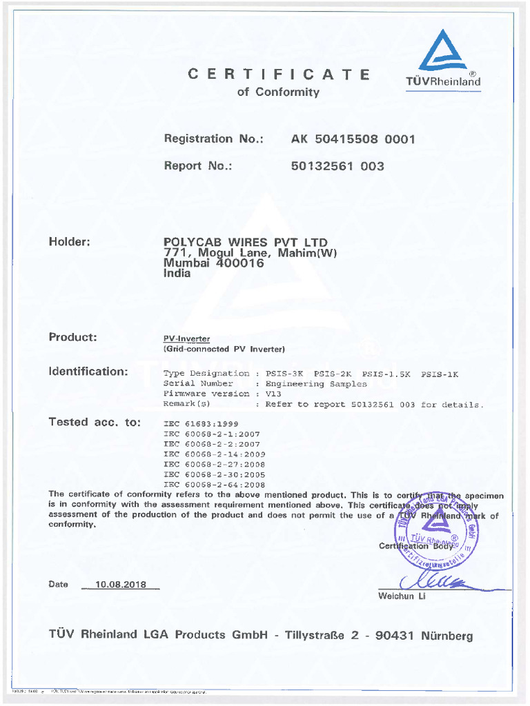 Polycab 1 To 5 KW Certificates 1 | PDF