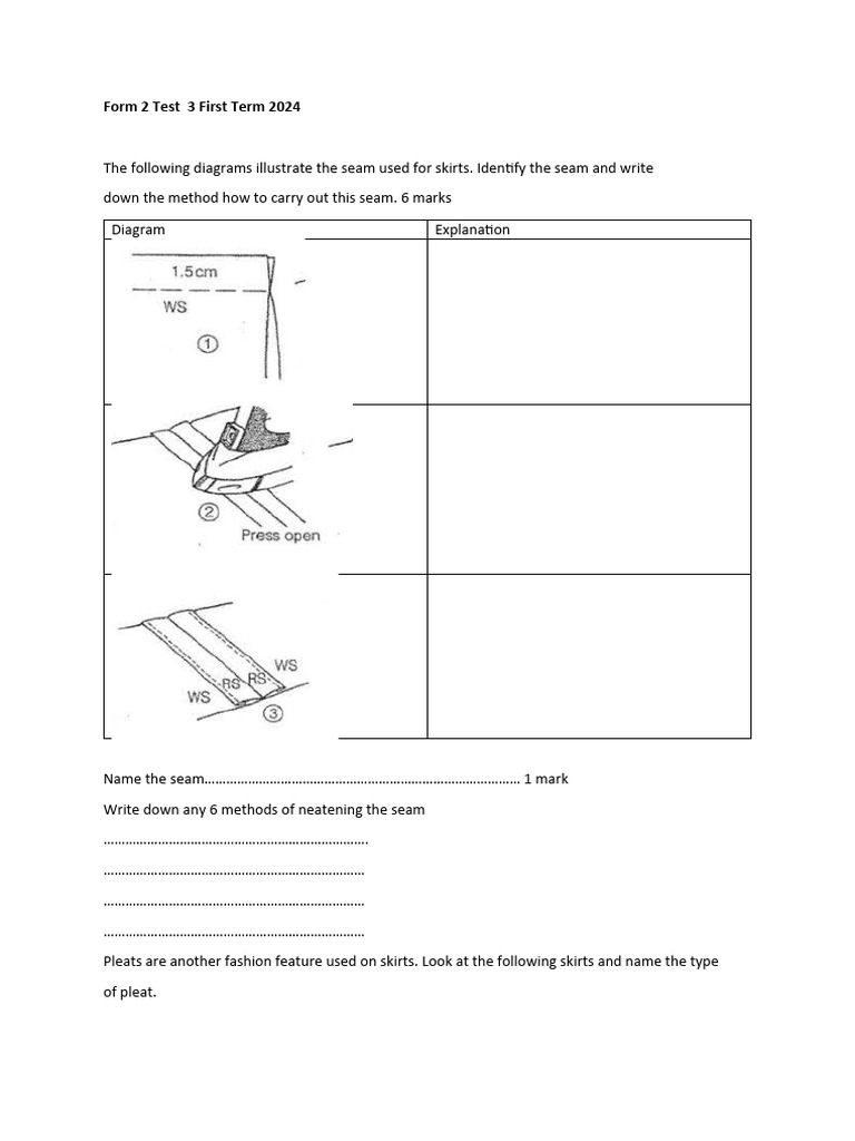 Form 2 Test 1 Third Term 2022 Seams and Disposal of Fullness | PDF