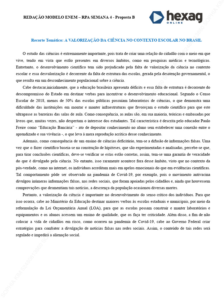 Aula 334 Redao Modelo Enem Rpa Semana 4 Proposta B A Valorizao Da Cincia No Contexto Escolar No ...