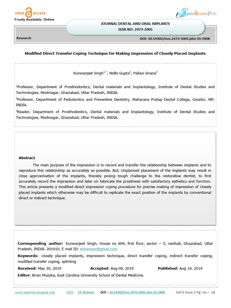 Modified Direct Transfer Coping Technique For Making Impression | PDF ...