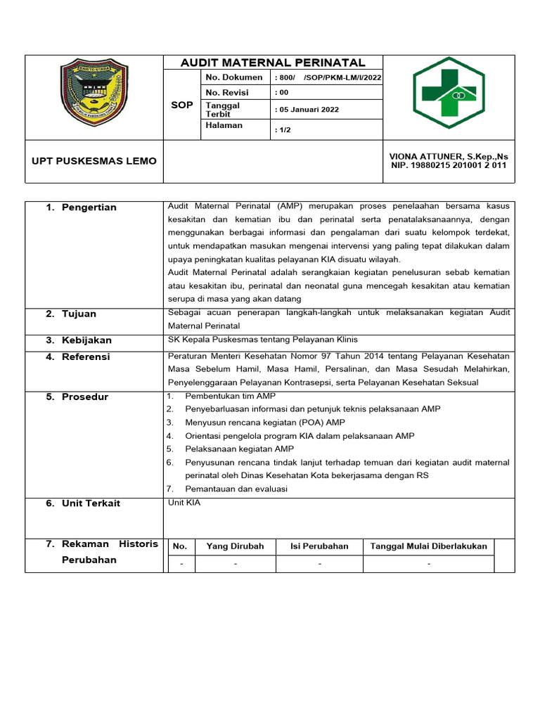 SOP Audit Maternal Perinatal | PDF