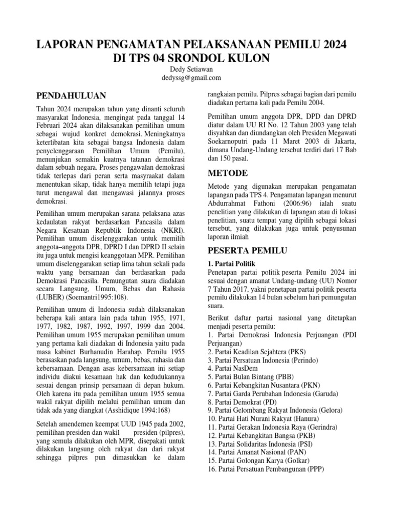 Laporan Pengamatan Pelaksanaan Pemilu 2024 Di Tps 04 Srondol Kulon | PDF