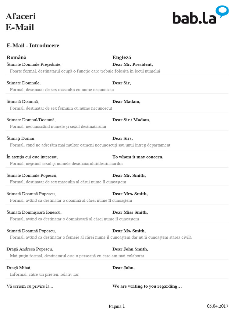 Bab - La Expresii Email Romana Engleza | PDF