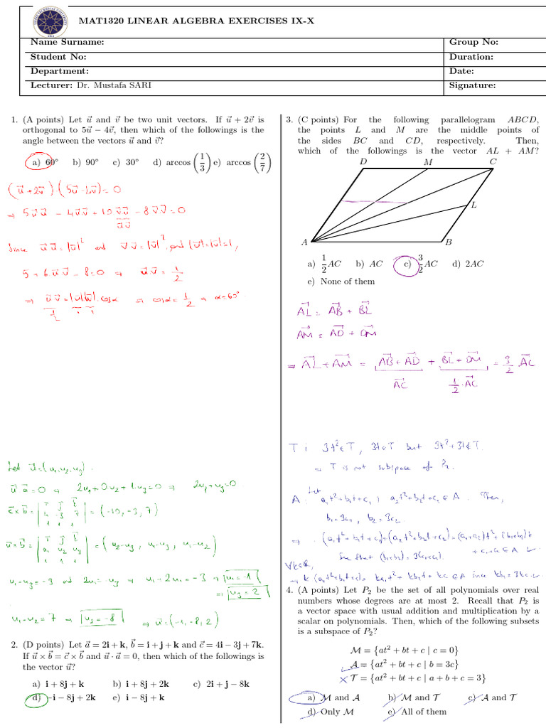 Mat 1320 Exercises-Solutions 9 10 | PDF | Vector Space | Linear Subspace