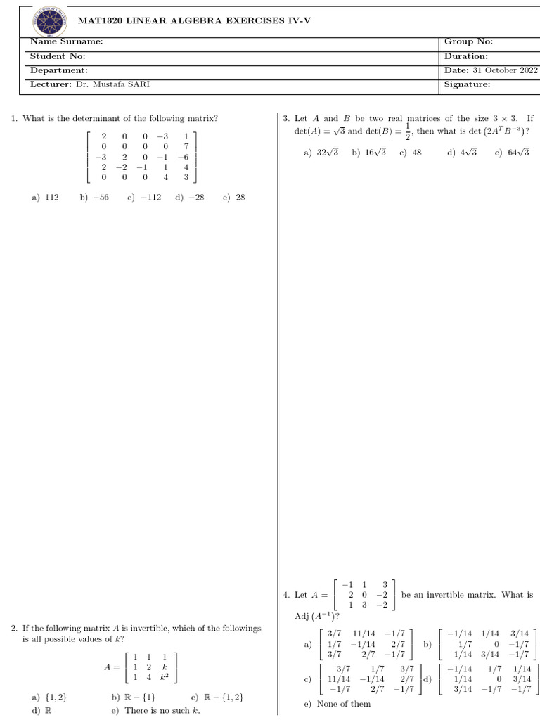 MAT1320 Linear Algebra Exercises | PDF | Matrix (Mathematics) | Determinant