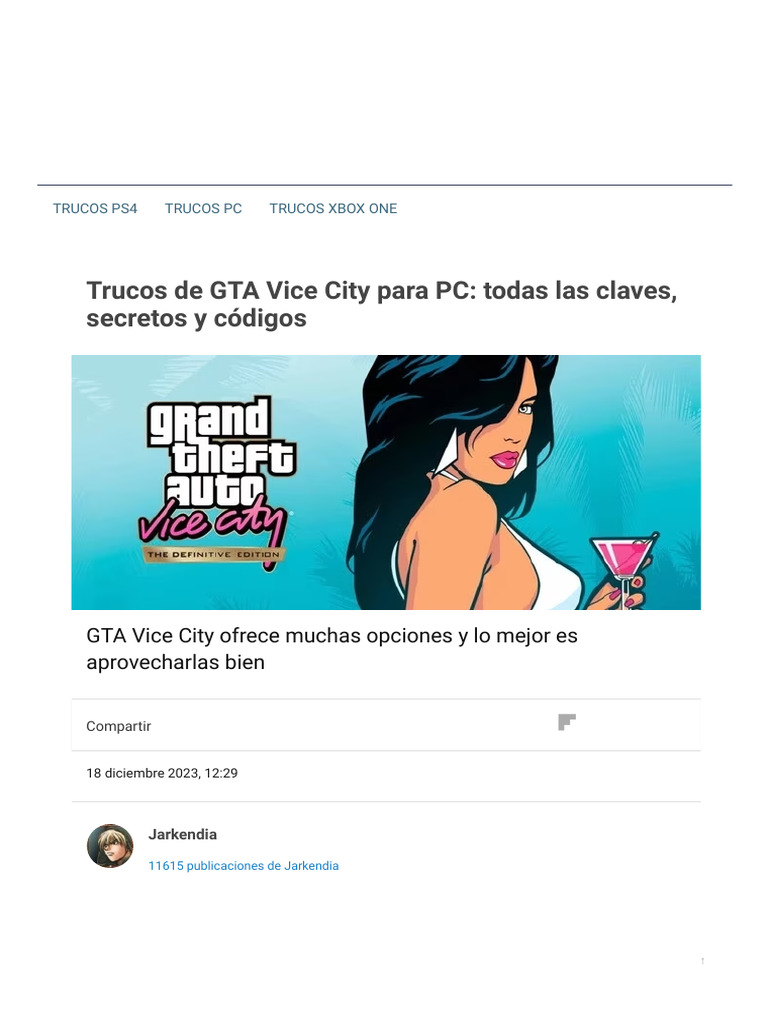 Trucos de GTA Vice City para PC - Todas Las Claves, Secretos y Todooo$321 | PDF | Videojuegos