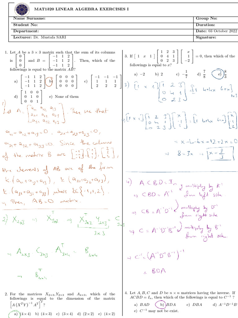 Linear Algebra Exercises MAT1320 | PDF