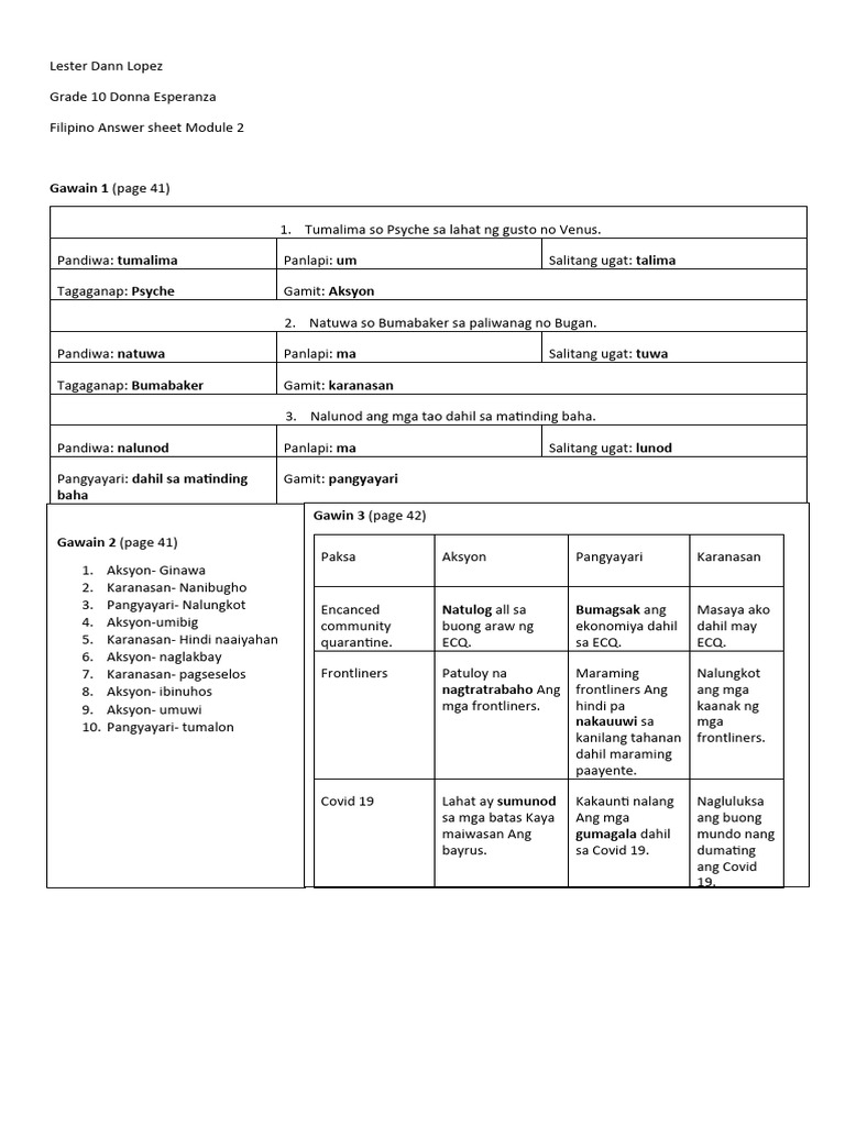 Module 2 Filipino Answer Sheet | PDF