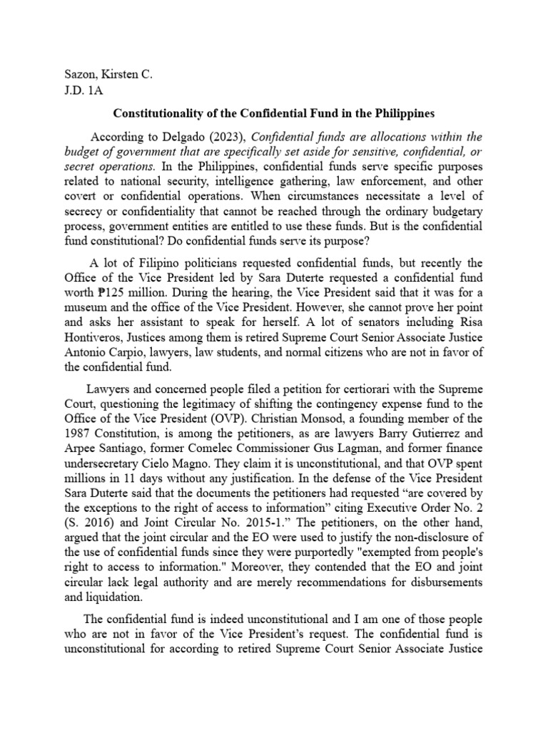 Sazon Kirsten C. - Constitutionality of The Confidential Fund | Download Free PDF | Freedom Of ...