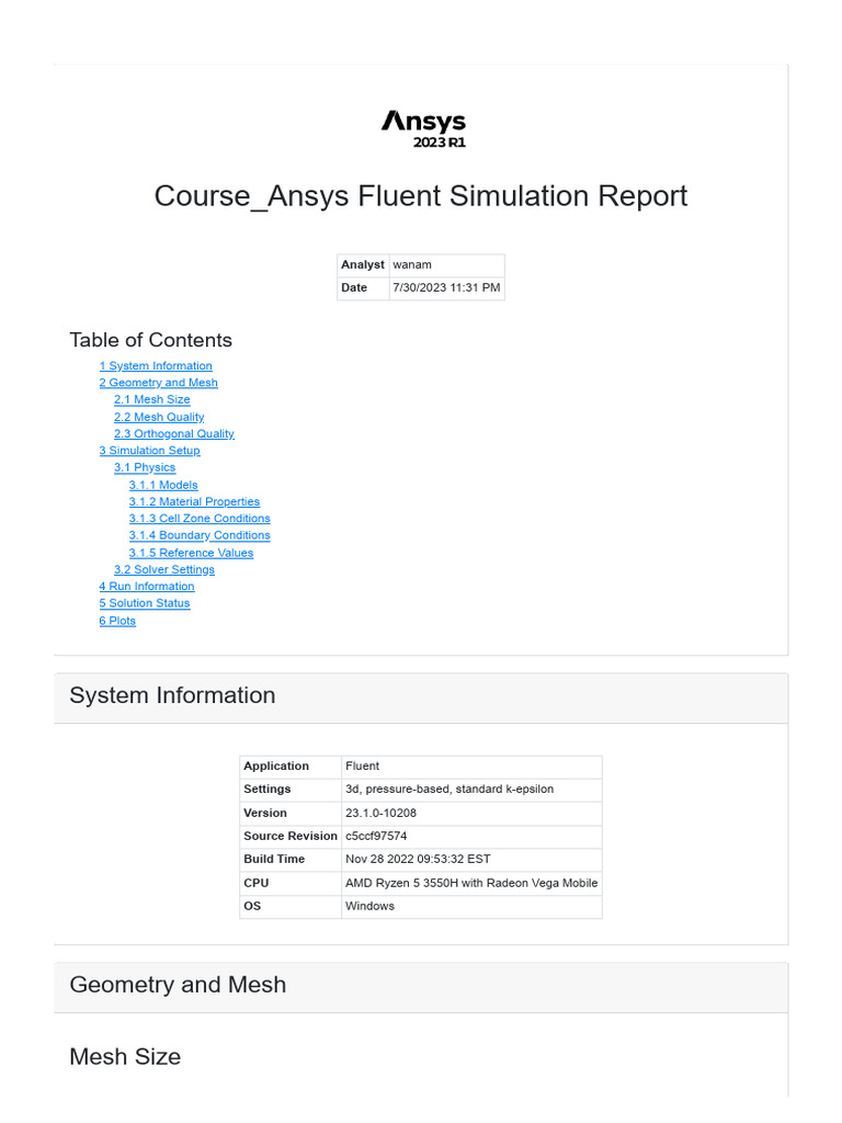 Course Ansys Fluent Simulation Report | PDF | Turbulence | Viscosity