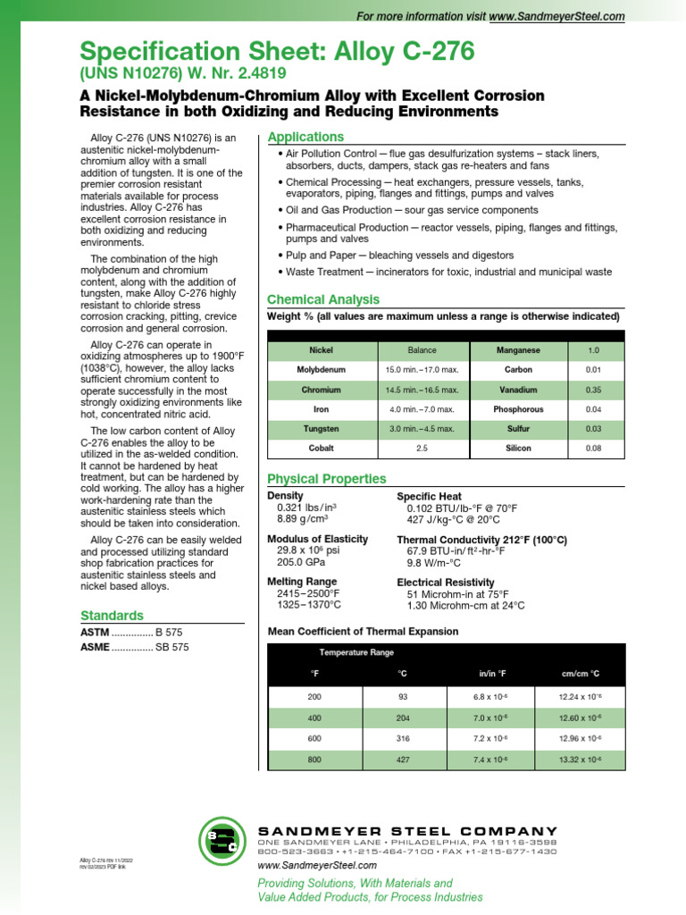 Alloy 276 Spec Sheet | PDF | Corrosion | Alloy