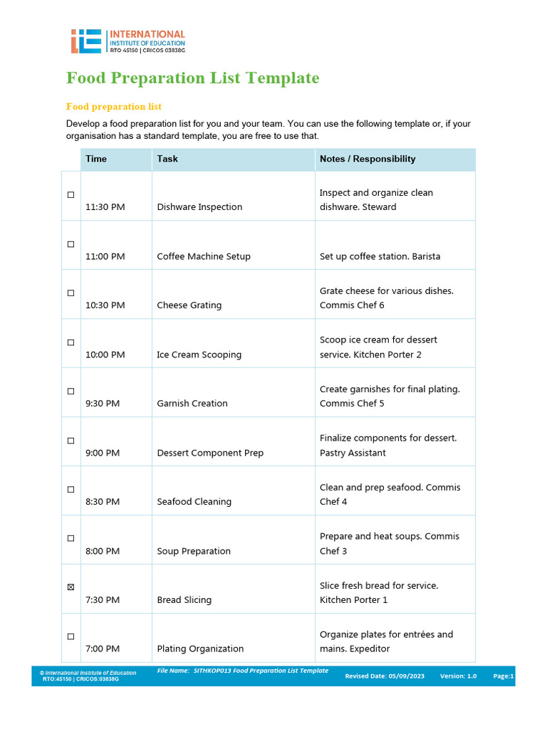SITHKOP013 Food Preparation List Template | PDF