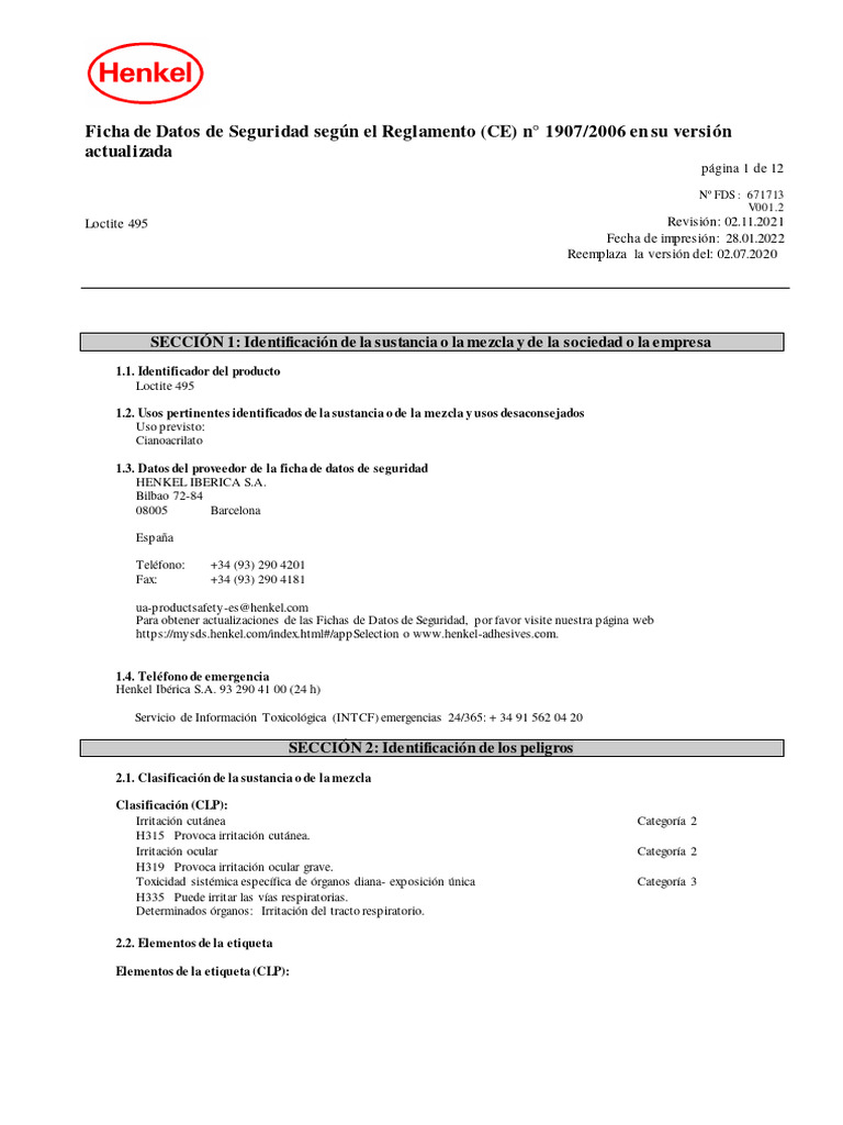 SDS Loctite 495 | Descargar gratis PDF | Agua | Quemar