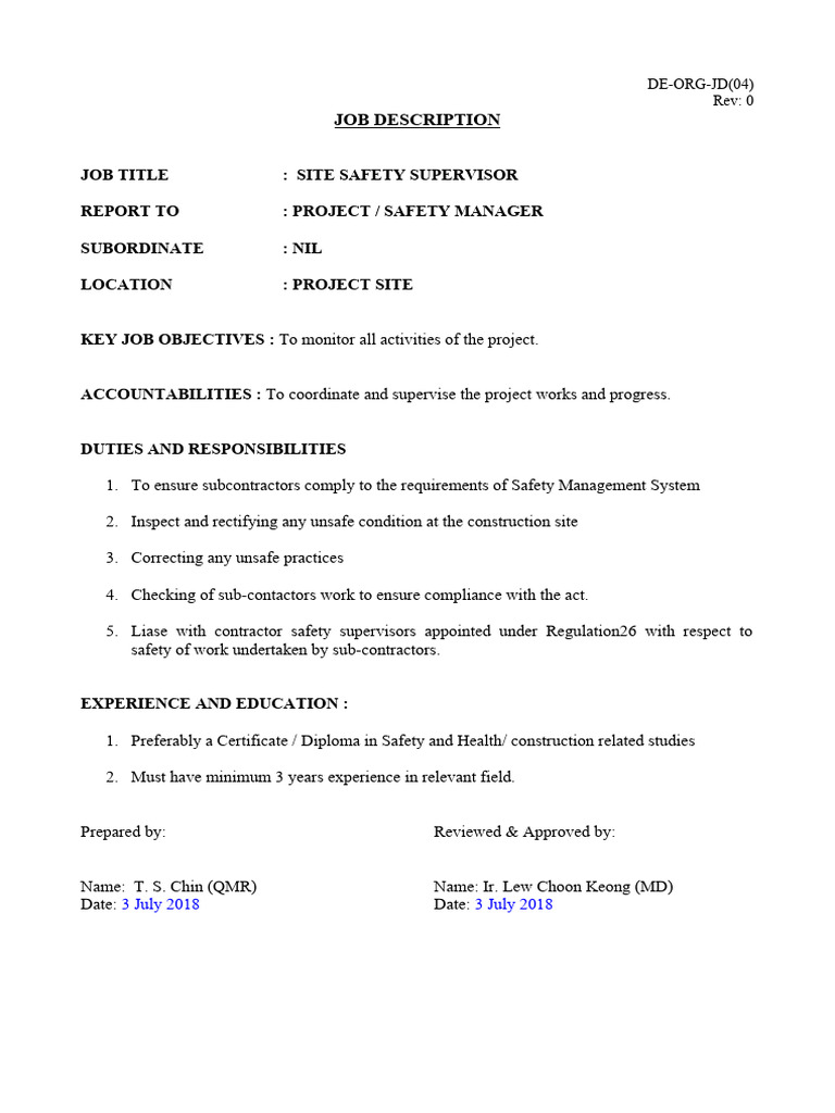 Jd - Site Safety Supervisor | PDF