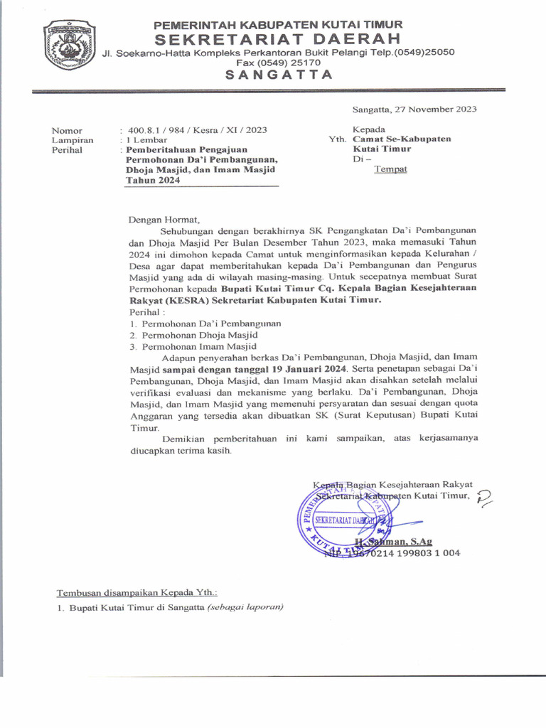 Surat Pemberitahuan Pengajuan Permohonan Da'i, Dhoja, & Imam Masjid ...