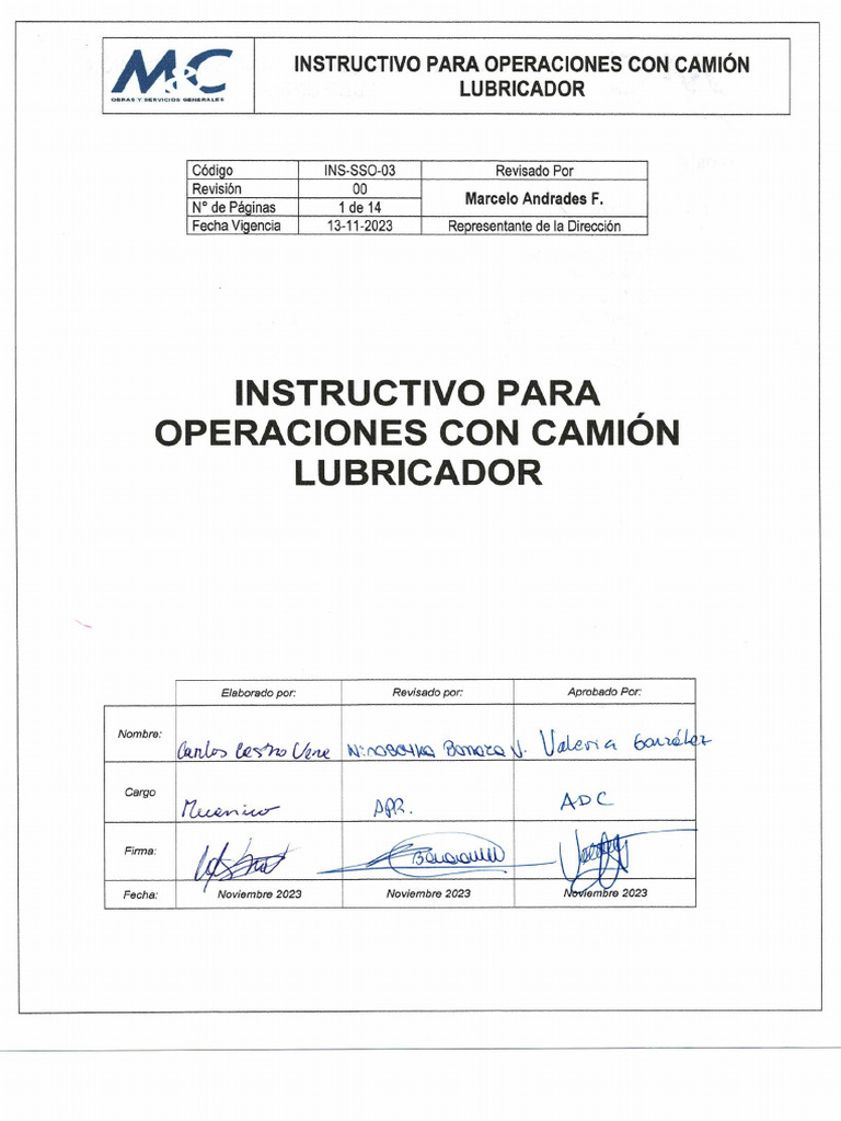 INS-OPE-03 Instructivo para Operaciones Con Camión Lubricador Rev 00 | PDF | Camión | Lubricante