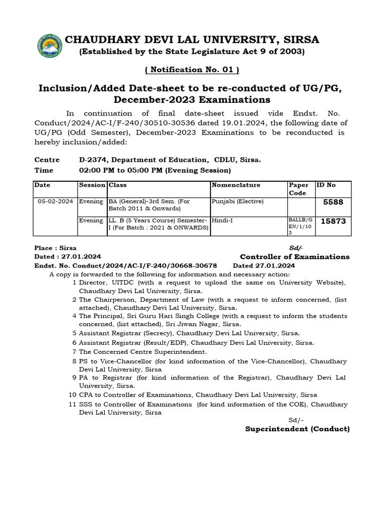 Notification No. 01 (To Be Reconducted of Dec.-2023 Exam) | PDF