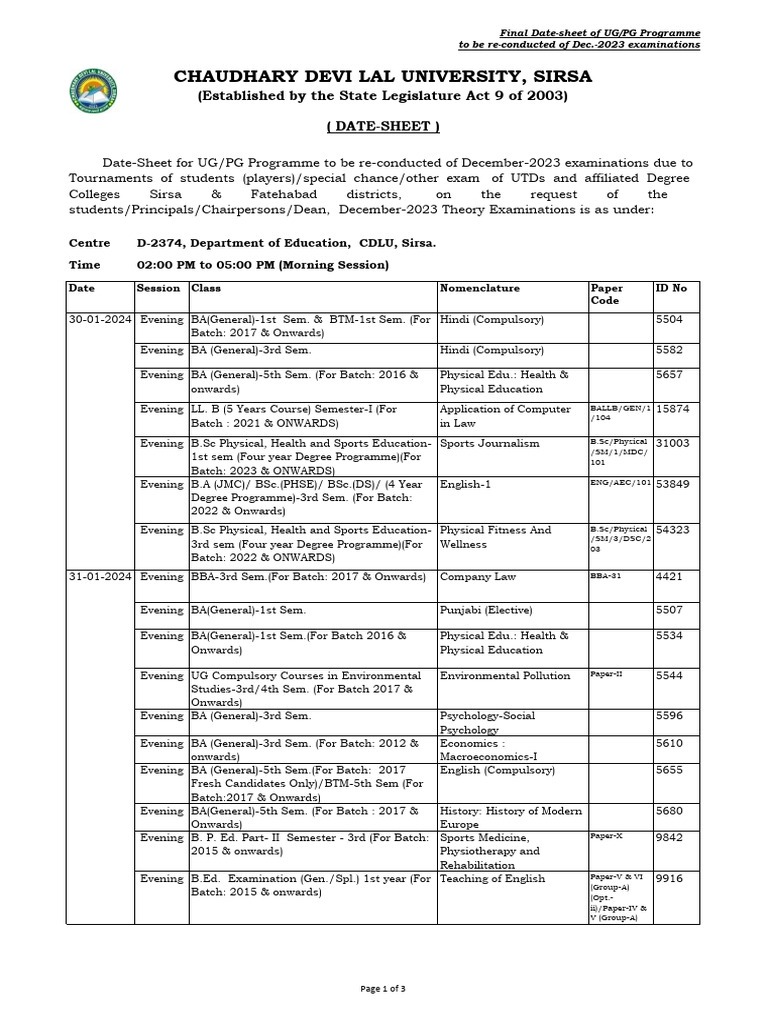 Date-Sheet For Special Examinations (To Be Reconducetd), Dec.-2023 ...