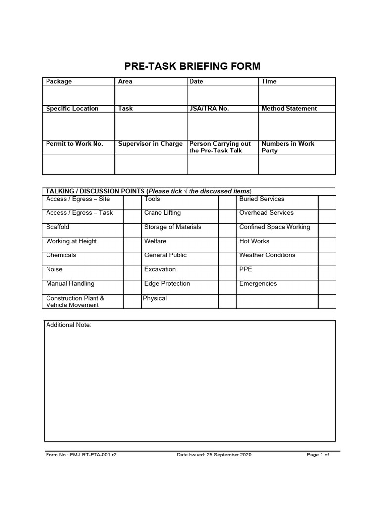 Pre Task Briefing Form Rev 01 | PDF