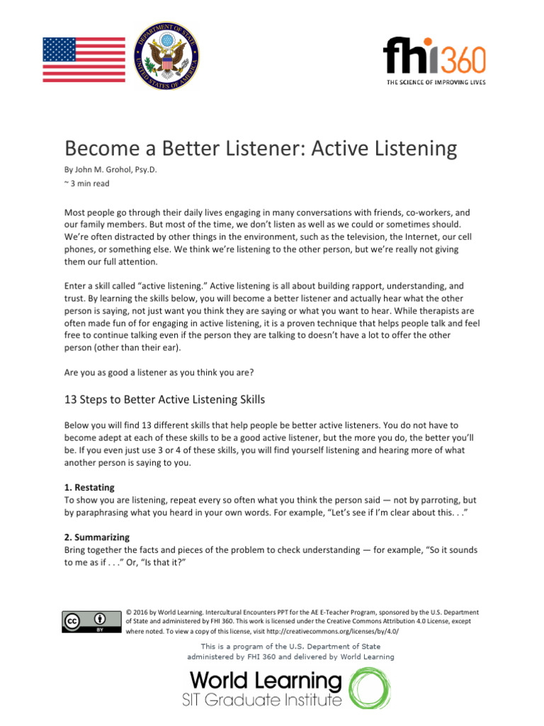 Grohol - Become A Better Listener | PDF | Communication | Behavioural ...