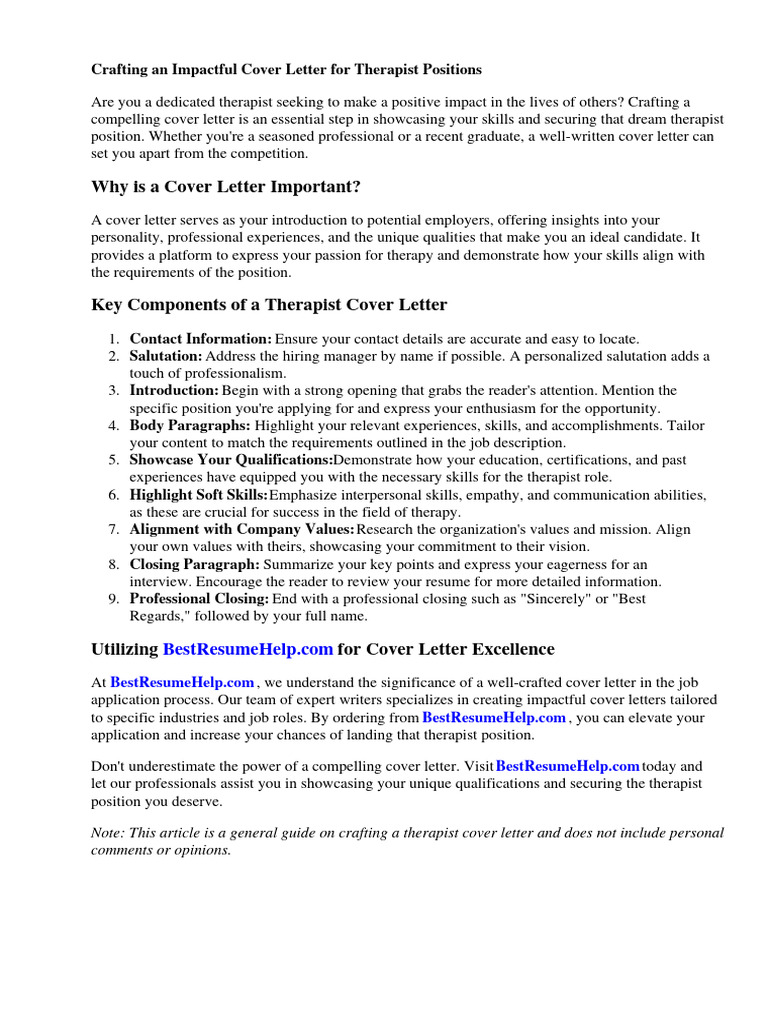 Therapist Cover Letter Guide | PDF | Résumé | Psychotherapy