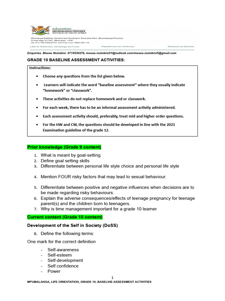2024 - Grade 10 Baseline Assessment Activities | PDF