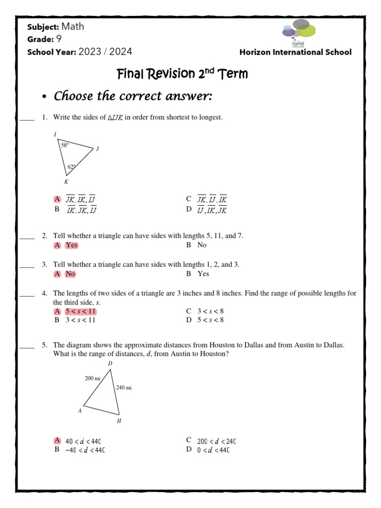 9th Grade Geometry Final Revision | PDF | Length | Mathematics