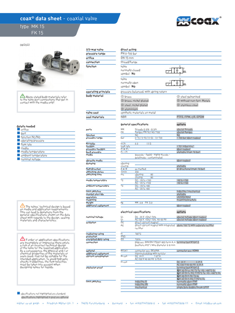 Coax Data Sheet - Coaxial Valve: Type MK 15 FK 15 | PDF | Alternating ...