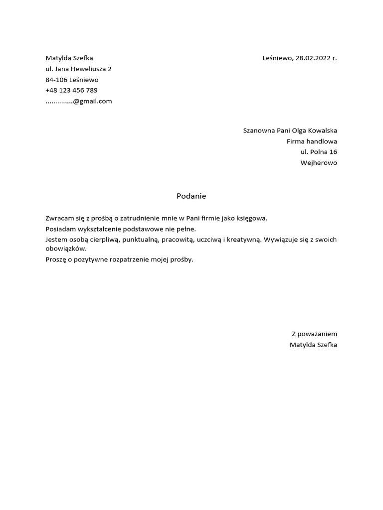 Podanie o Pracę | PDF