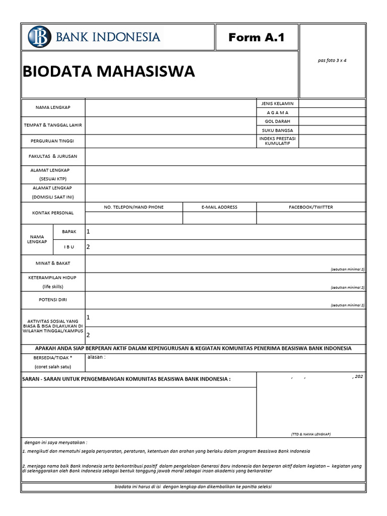 Form A.1 - Biodata Mahasiswa Beasiswa | PDF