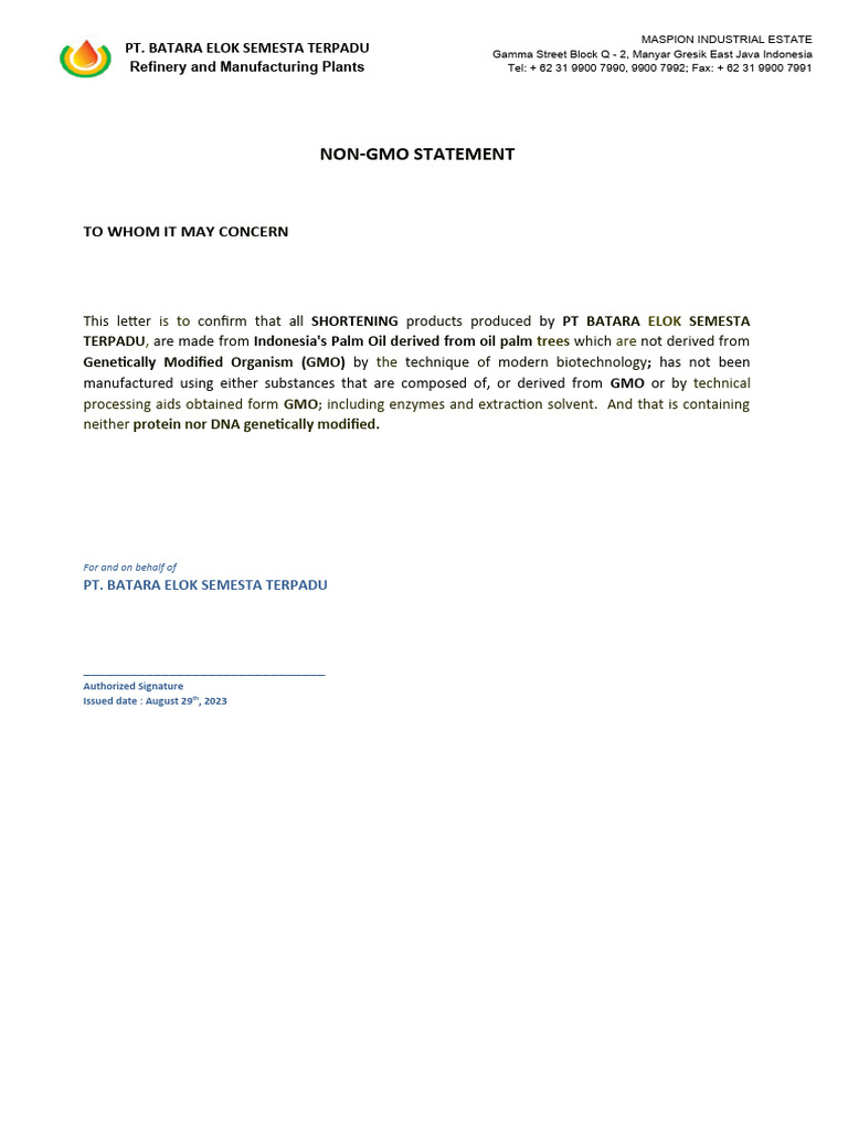 NON GMO Statement - SHO | PDF