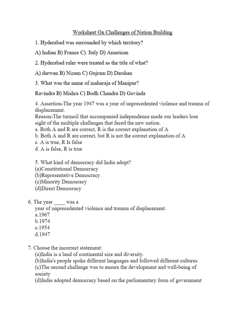 Worksheet On Challenges of Nation Building | PDF | Partition Of India ...