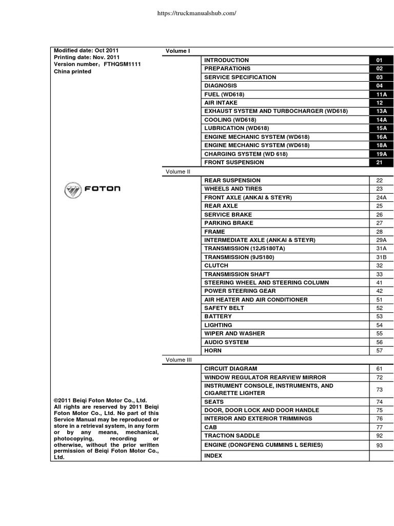 Foton Service Manual Overview | PDF | Screw | Axle