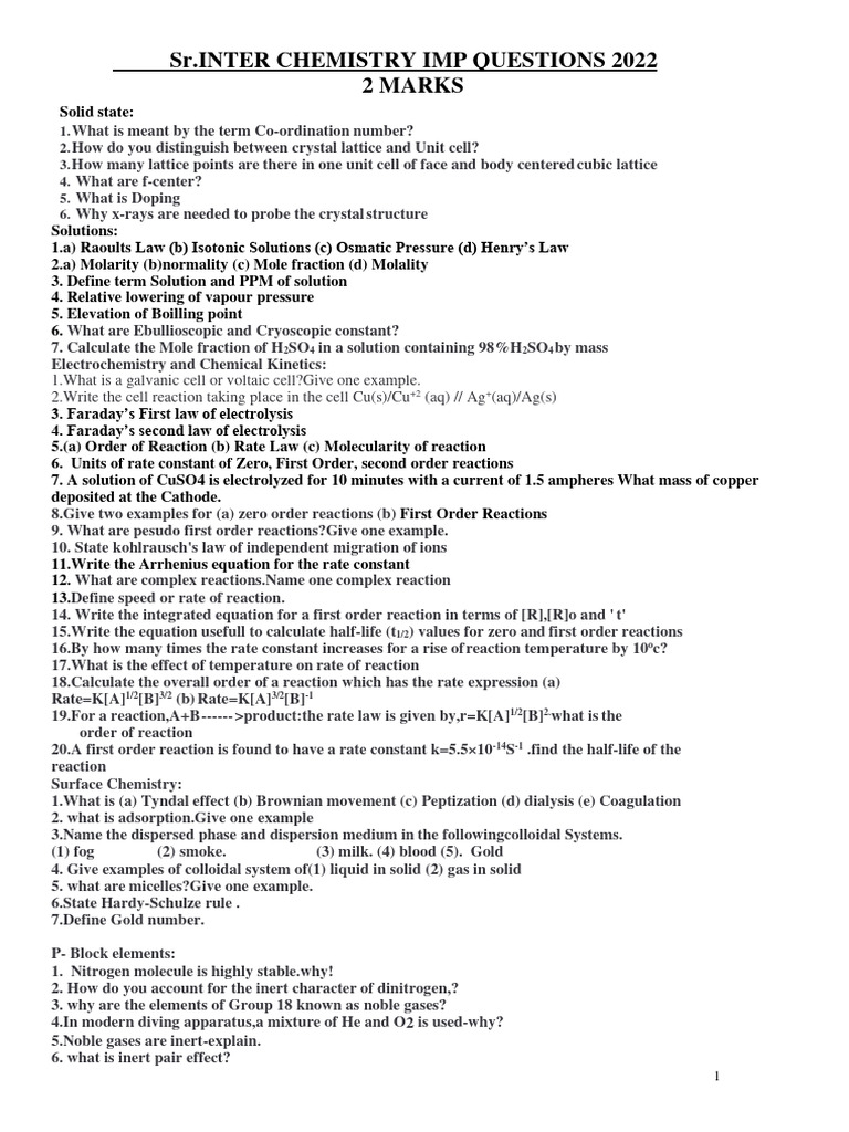 SR Inter CHEMISTRY IMP-New With 70% Syllabus-Converted-1 | Download Free PDF | Chemical ...