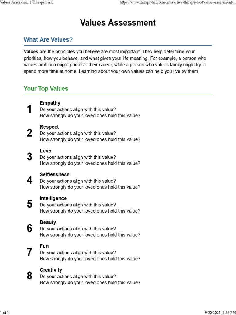 Values Assessment | PDF | Self-Improvement