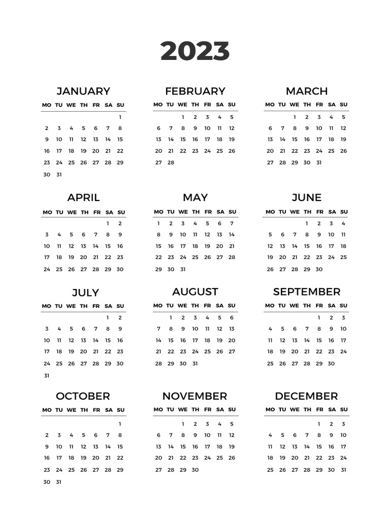 Black and White Minimalist Calendar 2023 | PDF