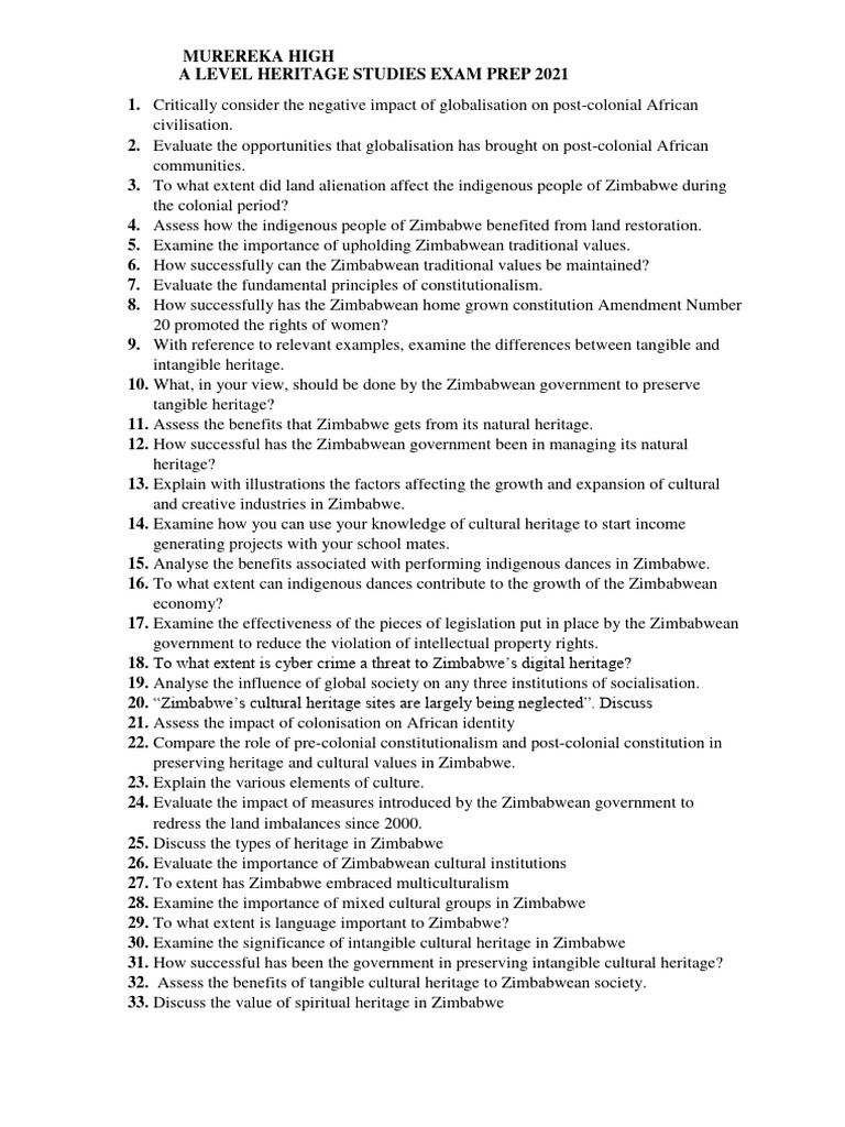 A Level Heritage Studies Exam Prep 2021 | PDF | Cultural Heritage | Zimbabwe