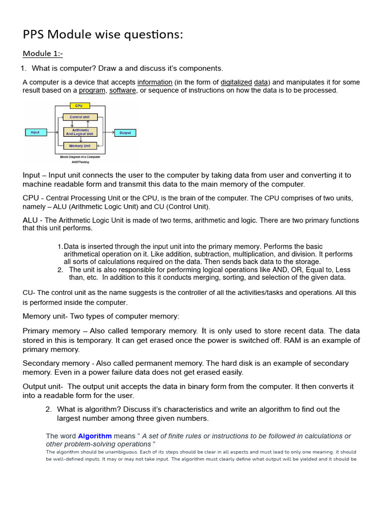 Pps Module Wise Questions Pdf Pointer Computer Programming